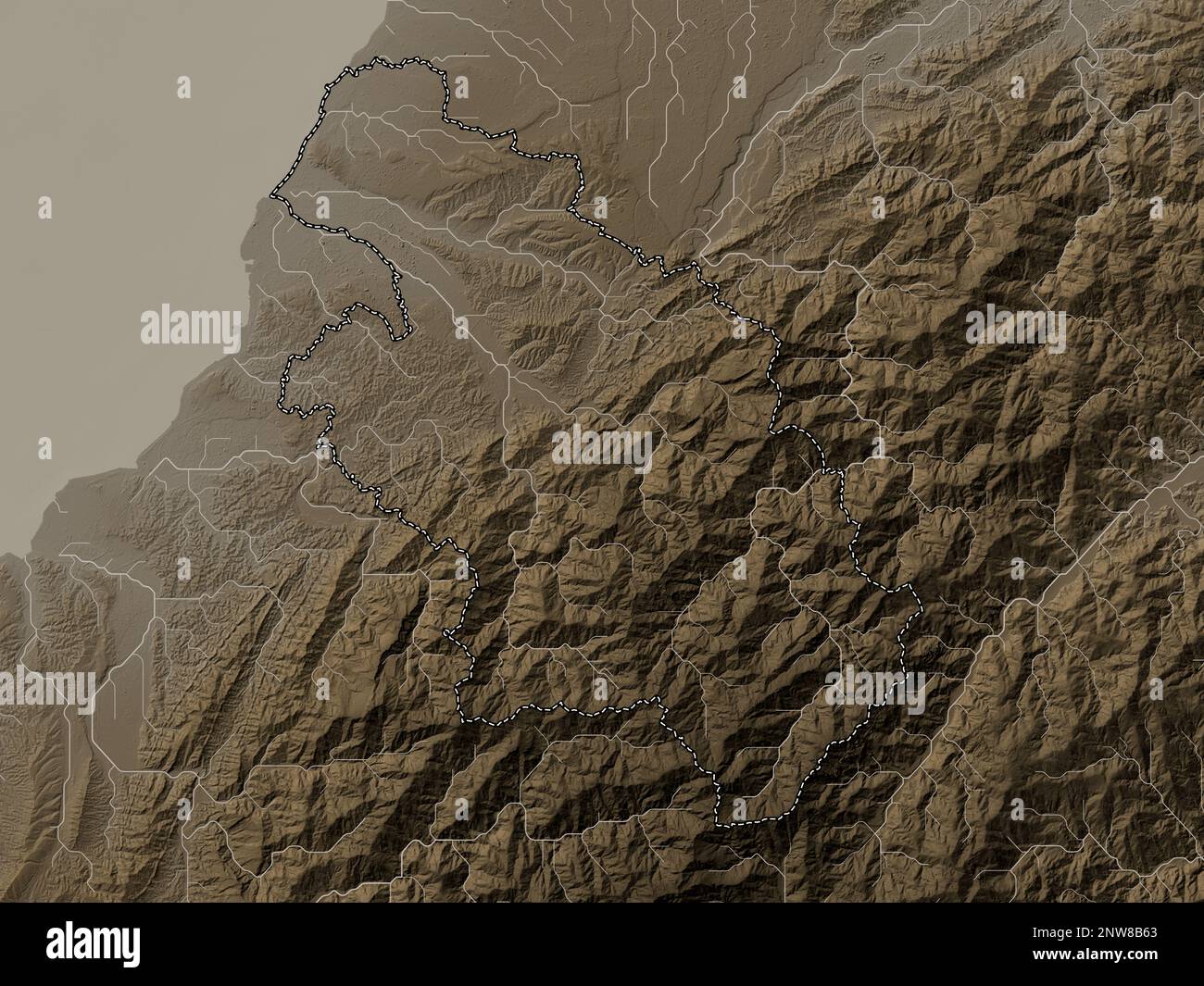Hsinchu, county of Taiwan. Elevation map colored in sepia tones with ...