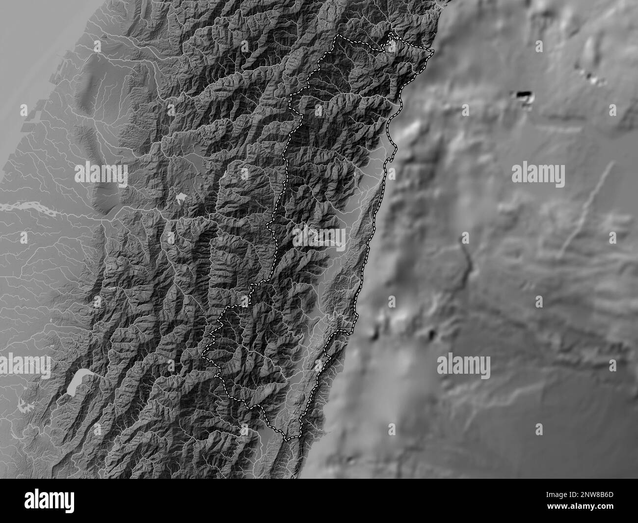 Hualien, county of Taiwan. Grayscale elevation map with lakes and ...