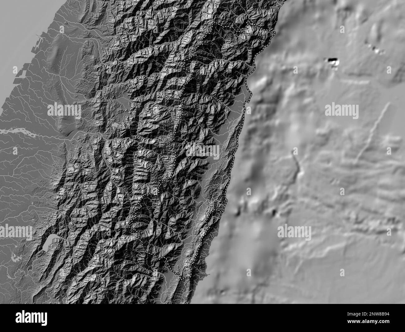Hualien, county of Taiwan. Bilevel elevation map with lakes and rivers ...