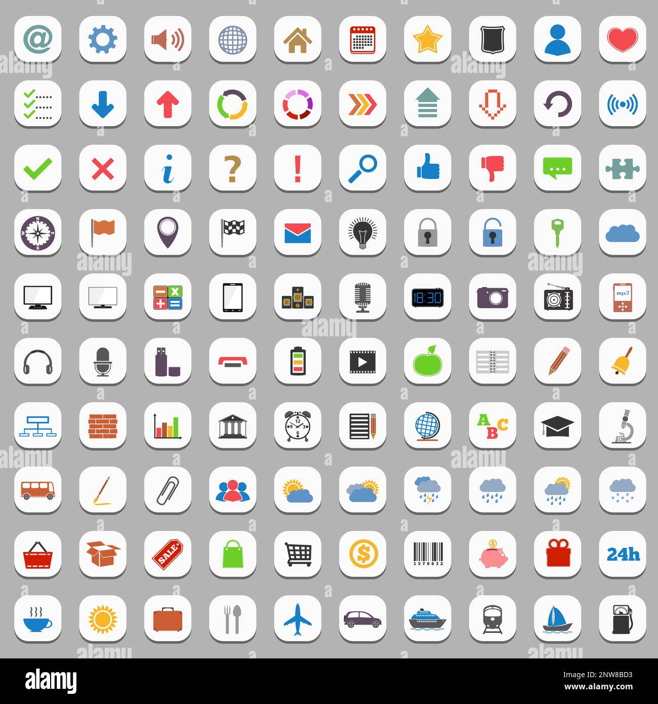 Collection of flat icons, includes shopping, travel, weather, transport ...