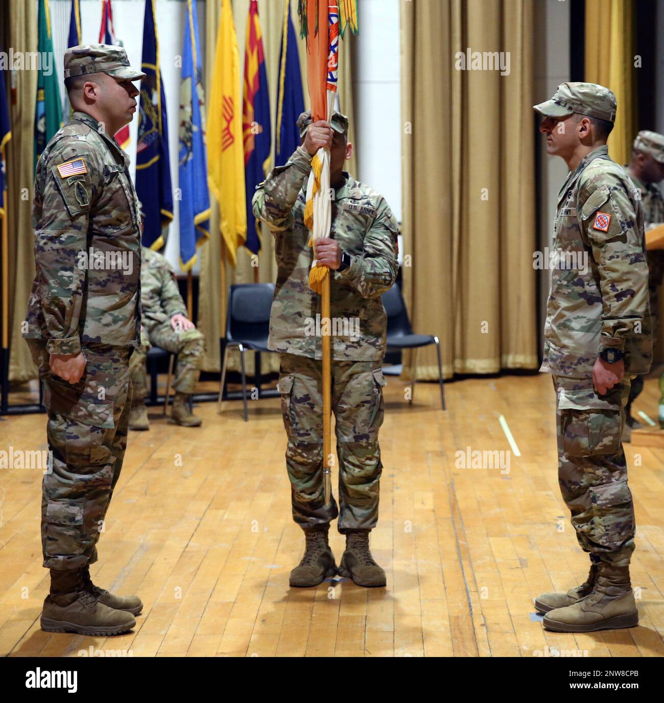 Command Sgt. Maj. Lonnie R. Null prepares to pass the 2d Theater Signal Brigade colors to Col ...