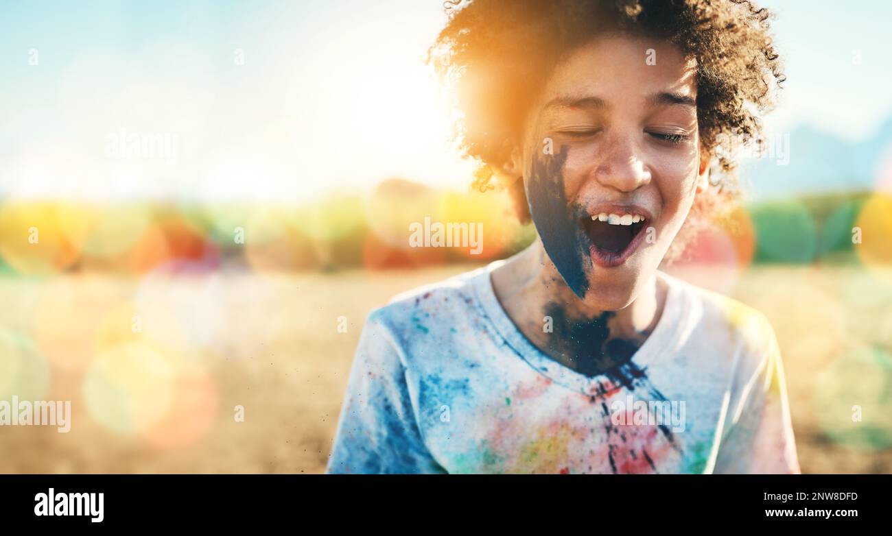 Paint, farm and mockup with an excited black boy outdoor on a blurred ...