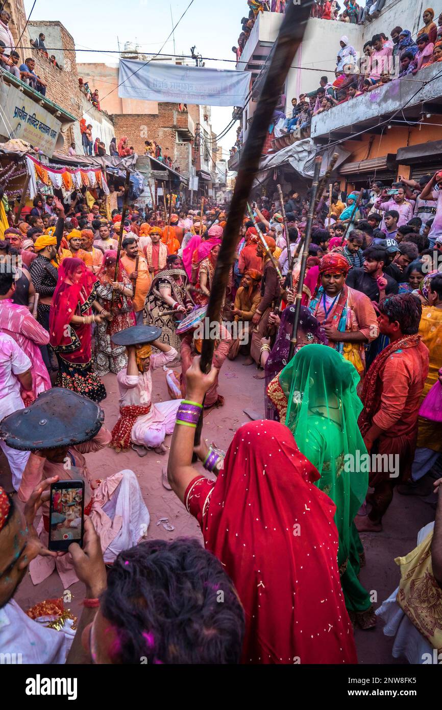 Barsana, Uttar Pradesh, India. 28th Feb, 2023. 'Lathmar Holi' is ...