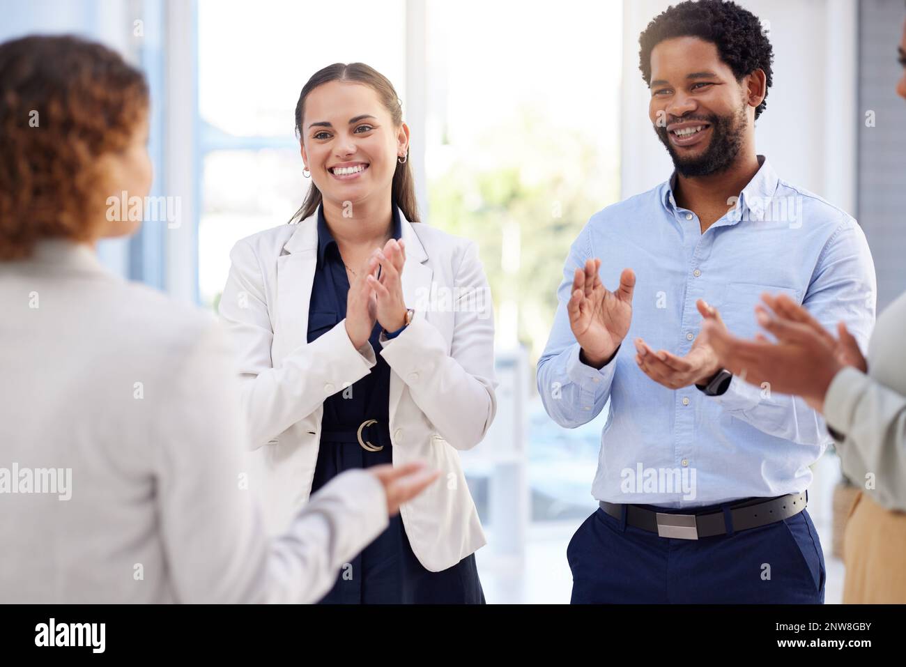 Applause, business and people in office for teamwork, congratulations ...