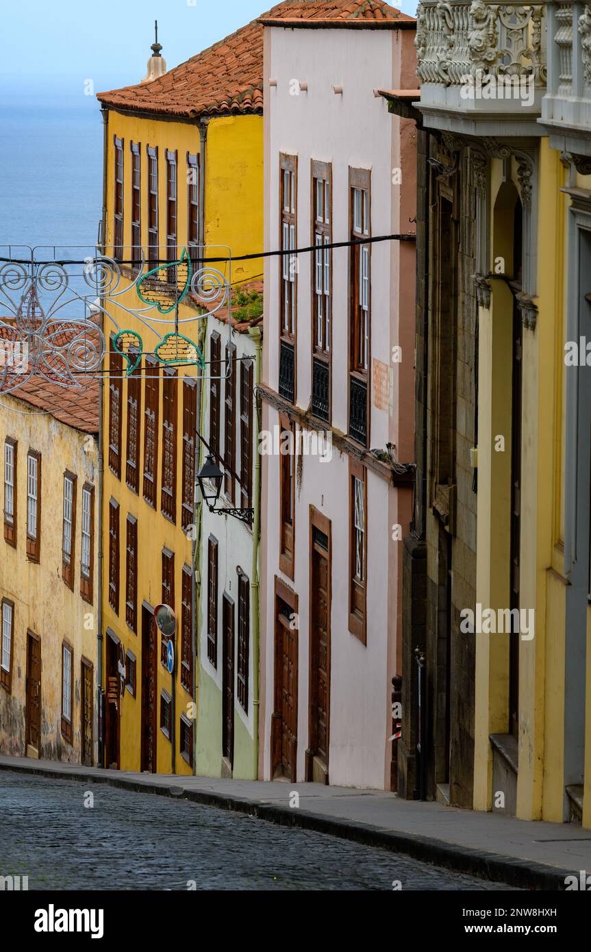 Colourful buildings line Calle Tomas Zerolo in Tenerife's historic and ...