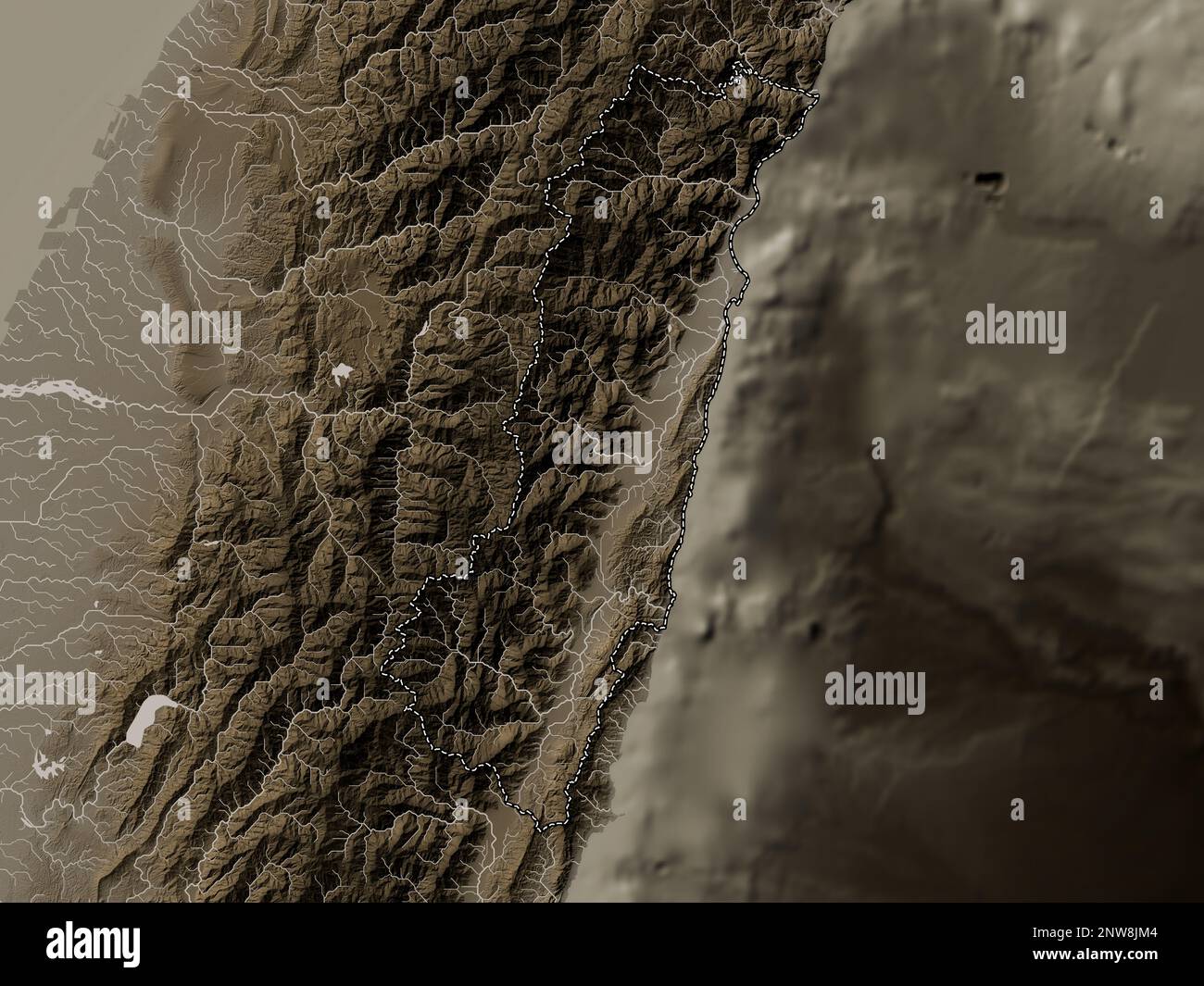 Hualien, county of Taiwan. Elevation map colored in sepia tones with ...