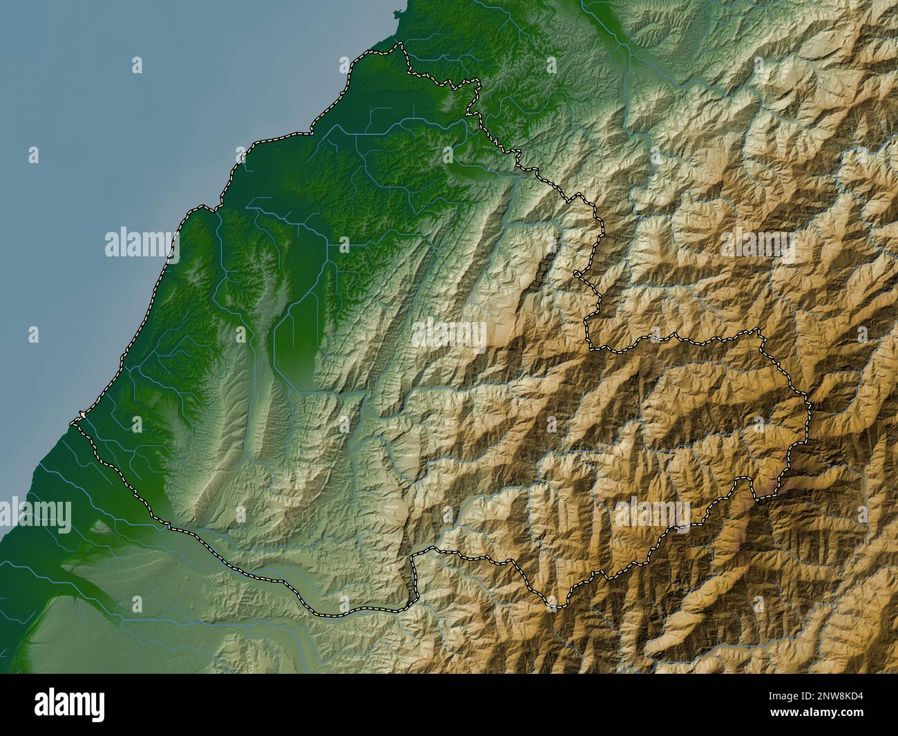 Miaoli, county of Taiwan. Colored elevation map with lakes and rivers ...