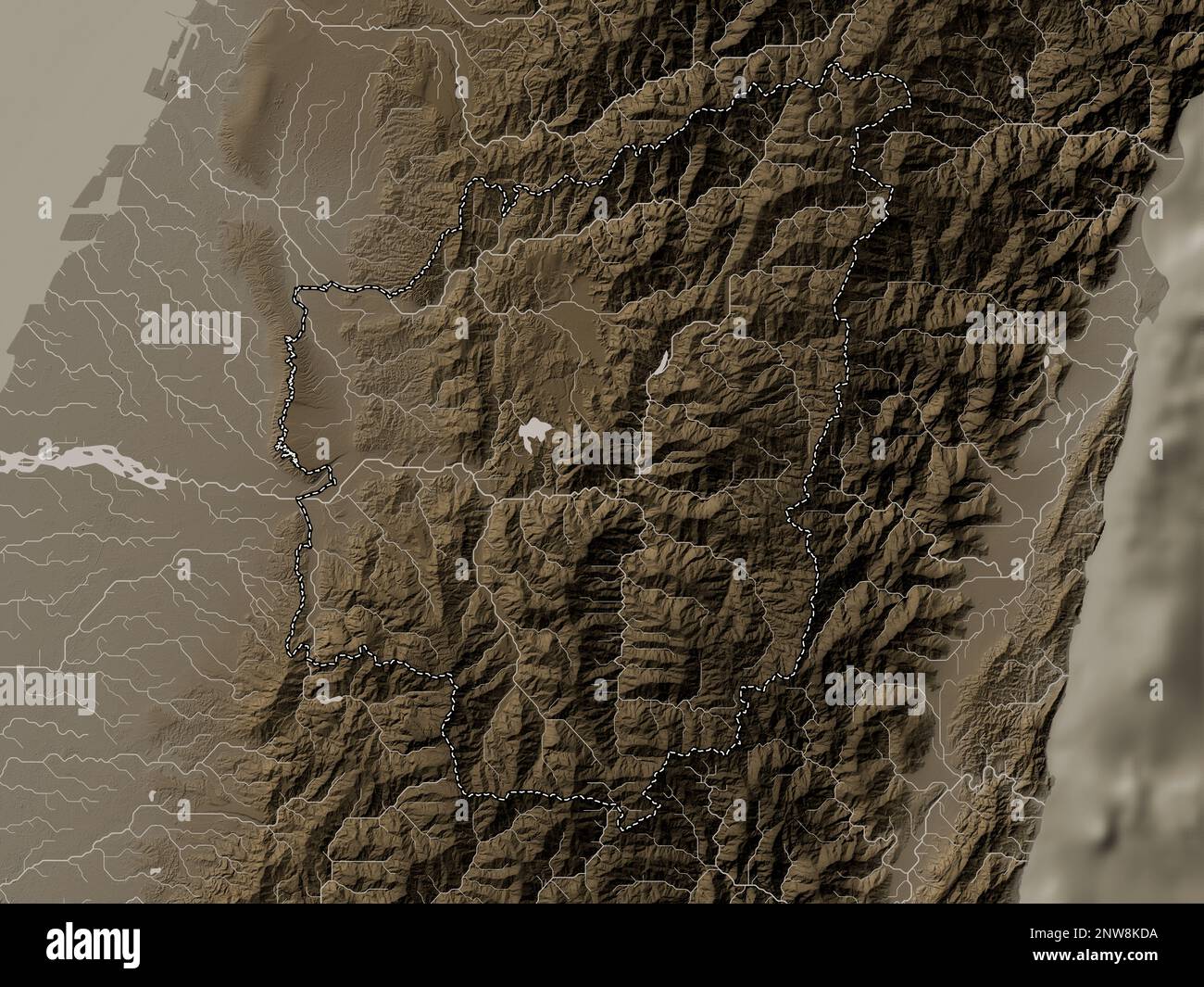 Nantou, county of Taiwan. Elevation map colored in sepia tones with ...