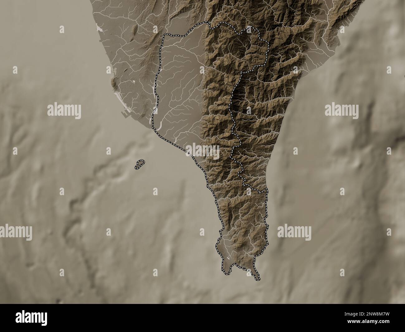 Pingtung, county of Taiwan. Elevation map colored in sepia tones with ...
