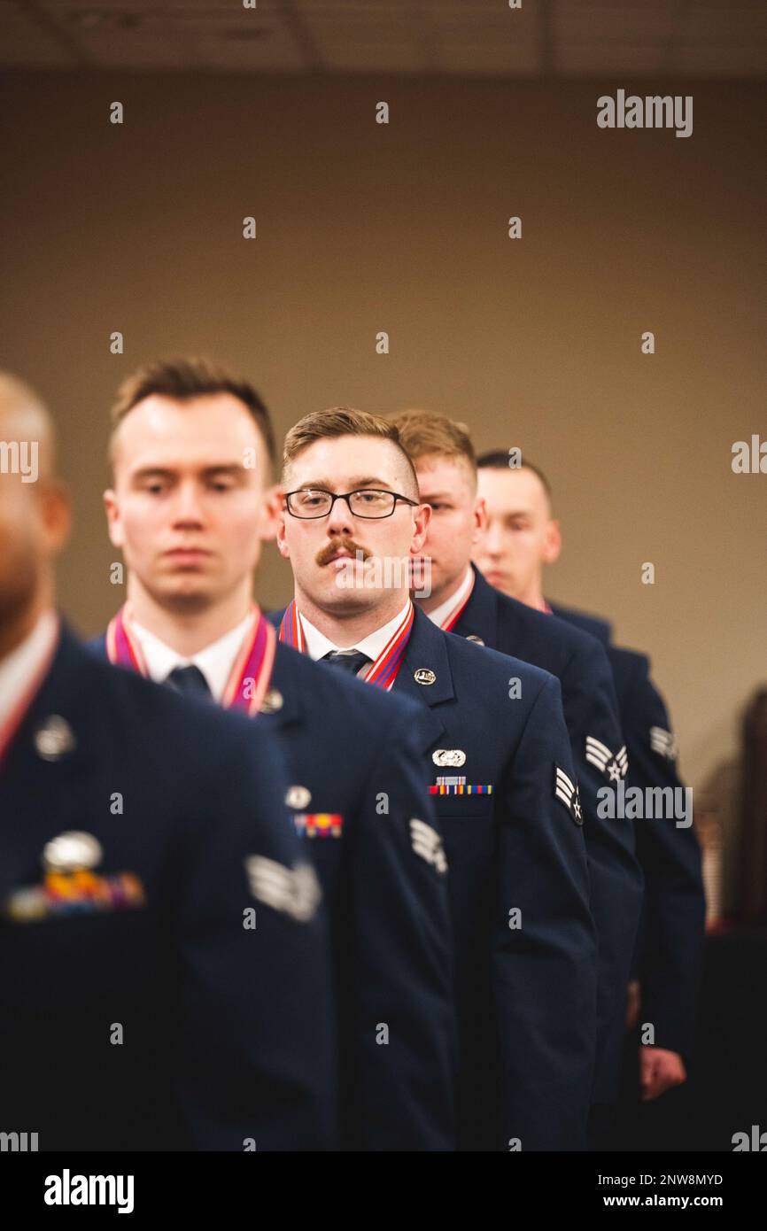 The Airman Leadership School class 23-B march into their graduation ceremony Feb. 9 at the ...