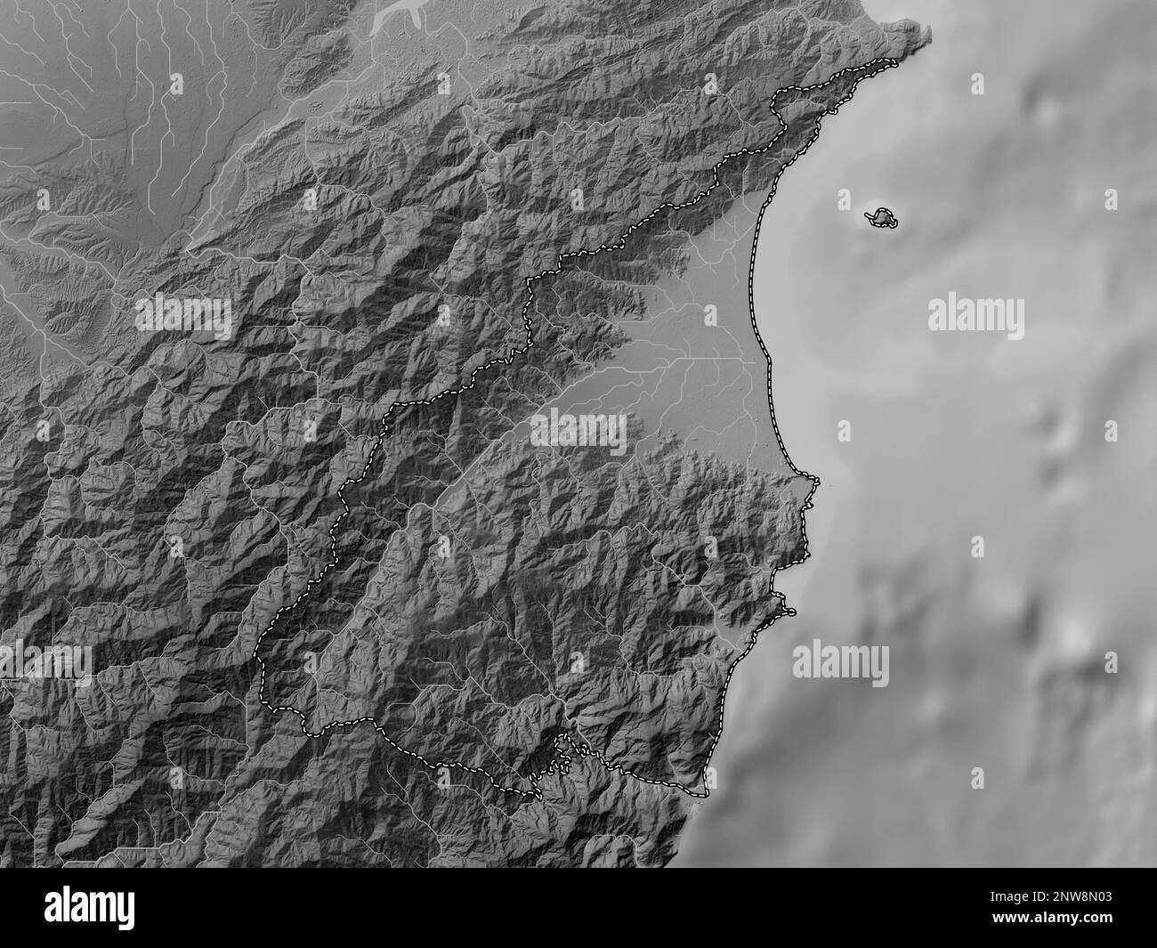 Yilan, county of Taiwan. Grayscale elevation map with lakes and rivers ...