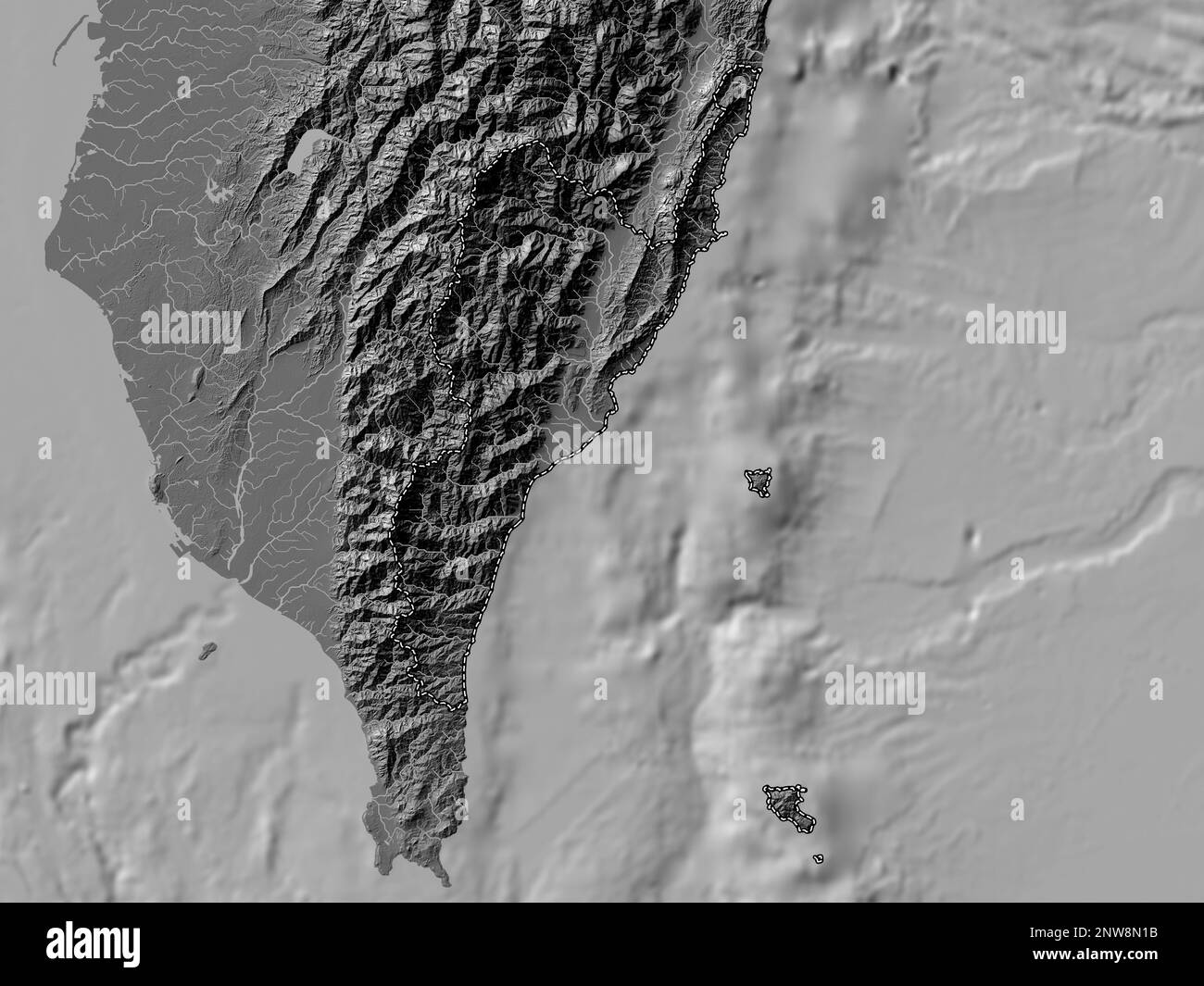 Taitung, county of Taiwan. Bilevel elevation map with lakes and rivers ...