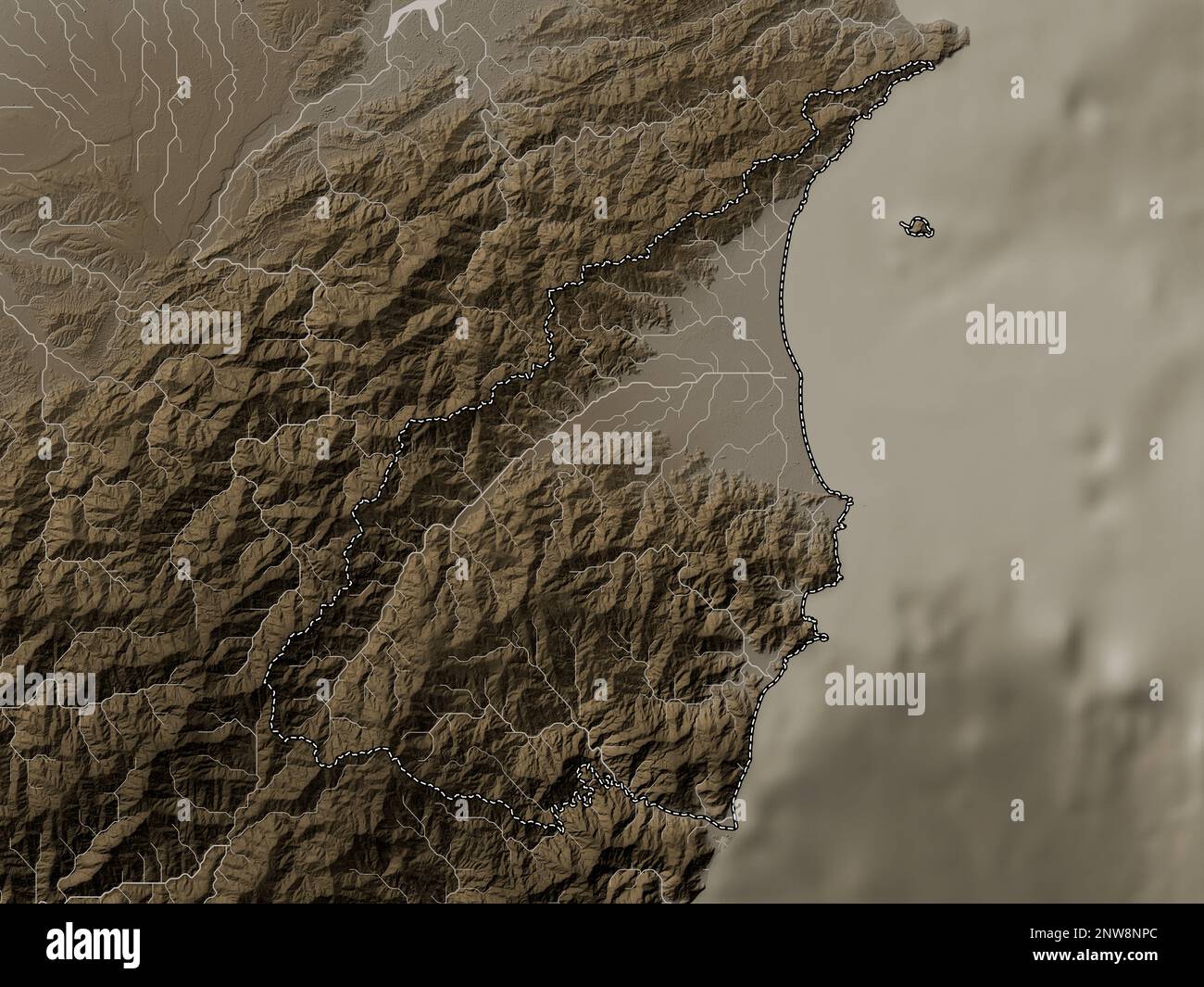 Yilan, county of Taiwan. Elevation map colored in sepia tones with ...