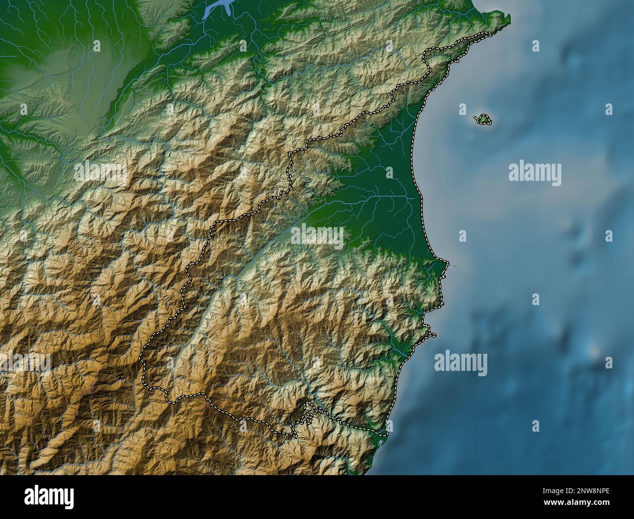 Yilan, county of Taiwan. Colored elevation map with lakes and rivers ...