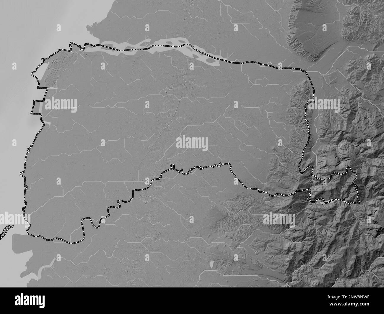 Yulin, county of Taiwan. Grayscale elevation map with lakes and rivers ...
