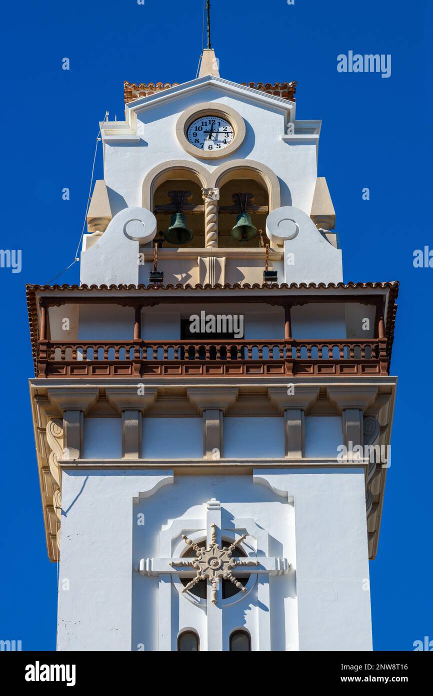 The 45m tall bell tower of the Basilica of Candelaria in Tenerife. The ...