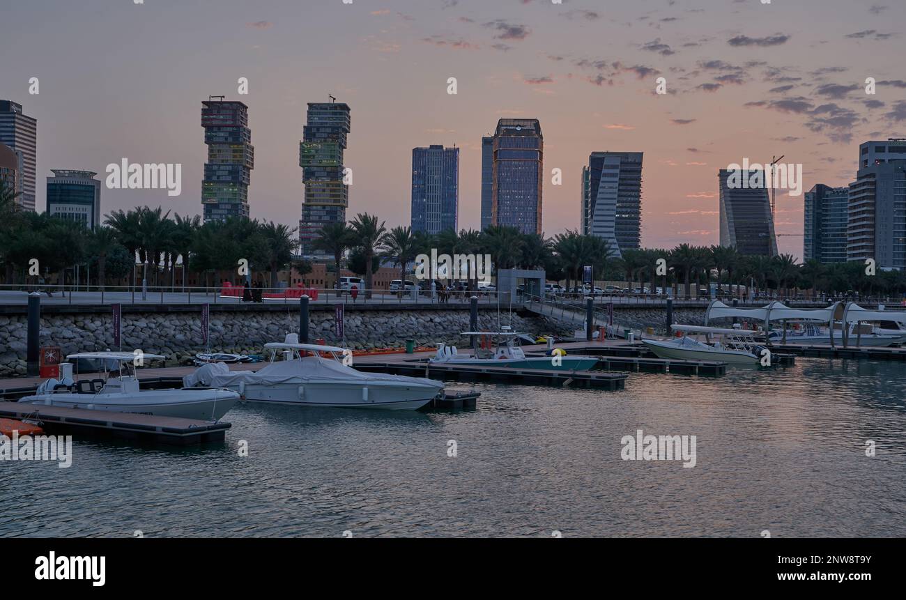 Lusail marina in Lusail city, Qatar sunset view with Yachts and boats ...