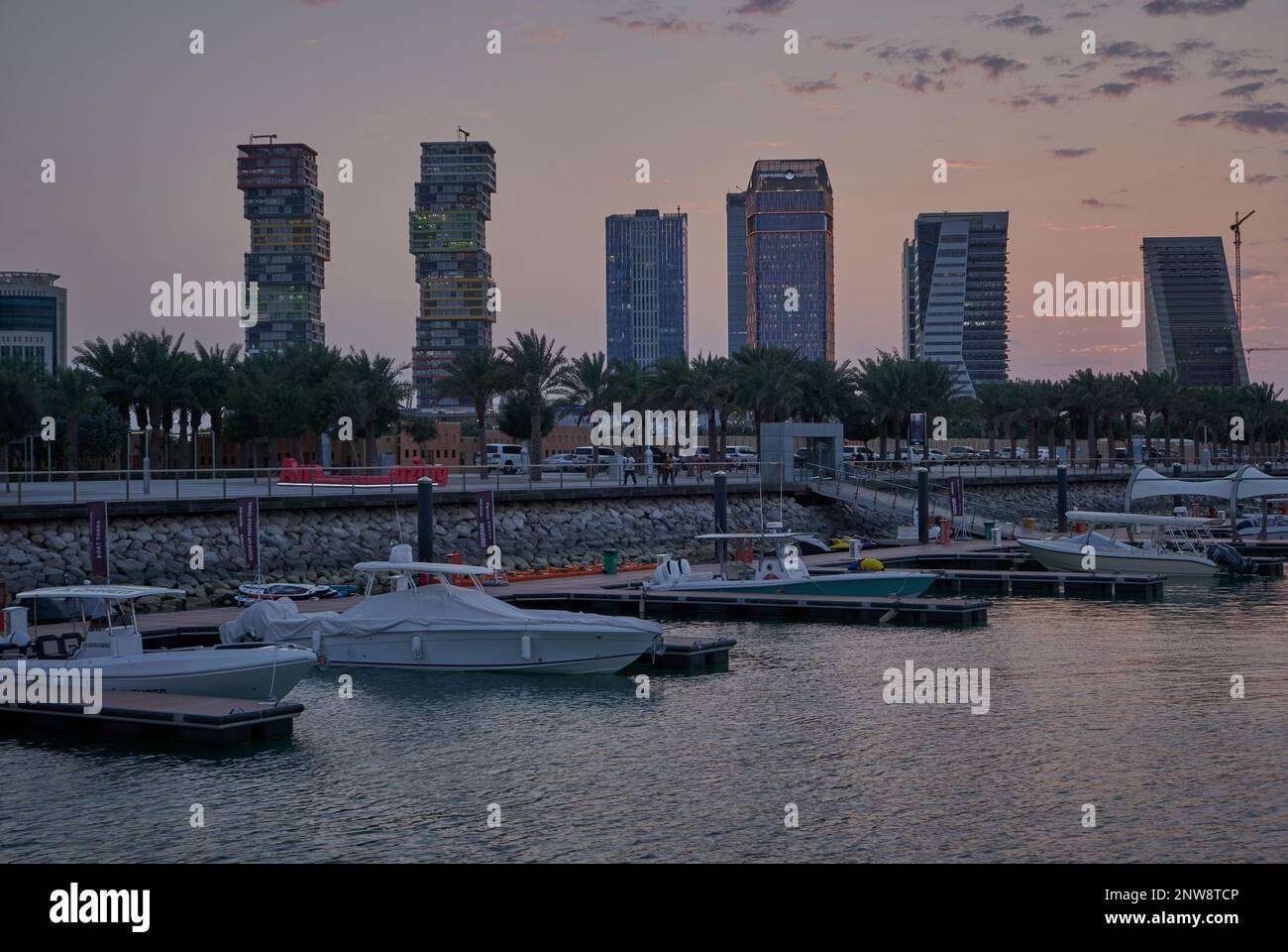 Lusail marina in Lusail city, Qatar sunset view with Yachts and boats ...