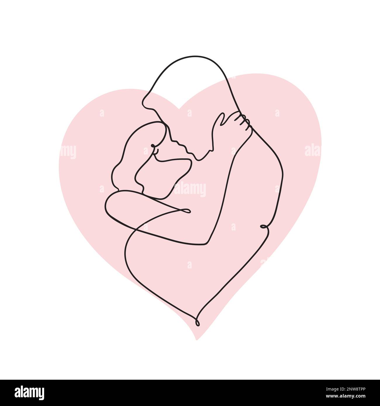 Continuous line woman and man face drawing.Pink heart.Continued line ...