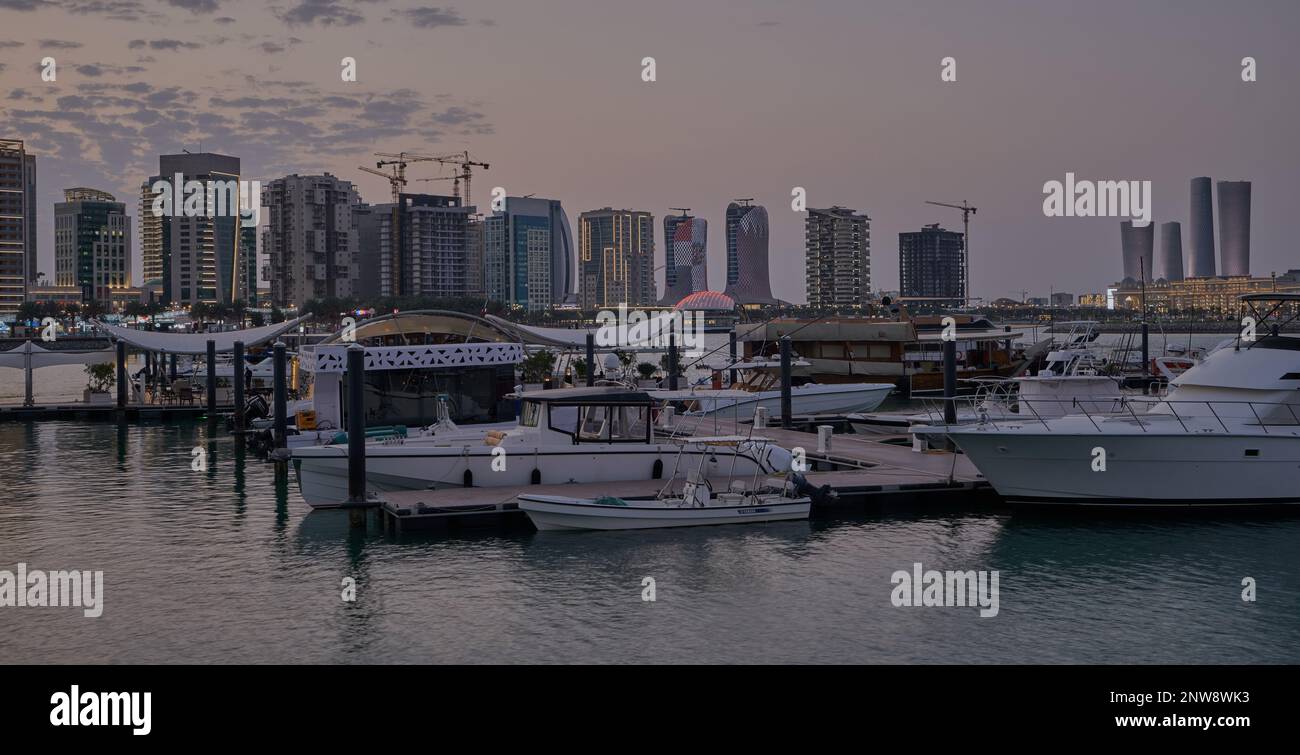 Lusail marina in Lusail city, Qatar sunset view with Yachts and boats ...