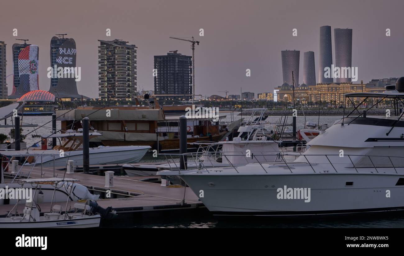 Lusail marina in Lusail city, Qatar sunset view with Yachts and boats ...