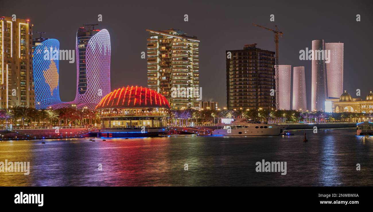 Lusail marina in Lusail city, Qatar night view with Yachts and boats ...