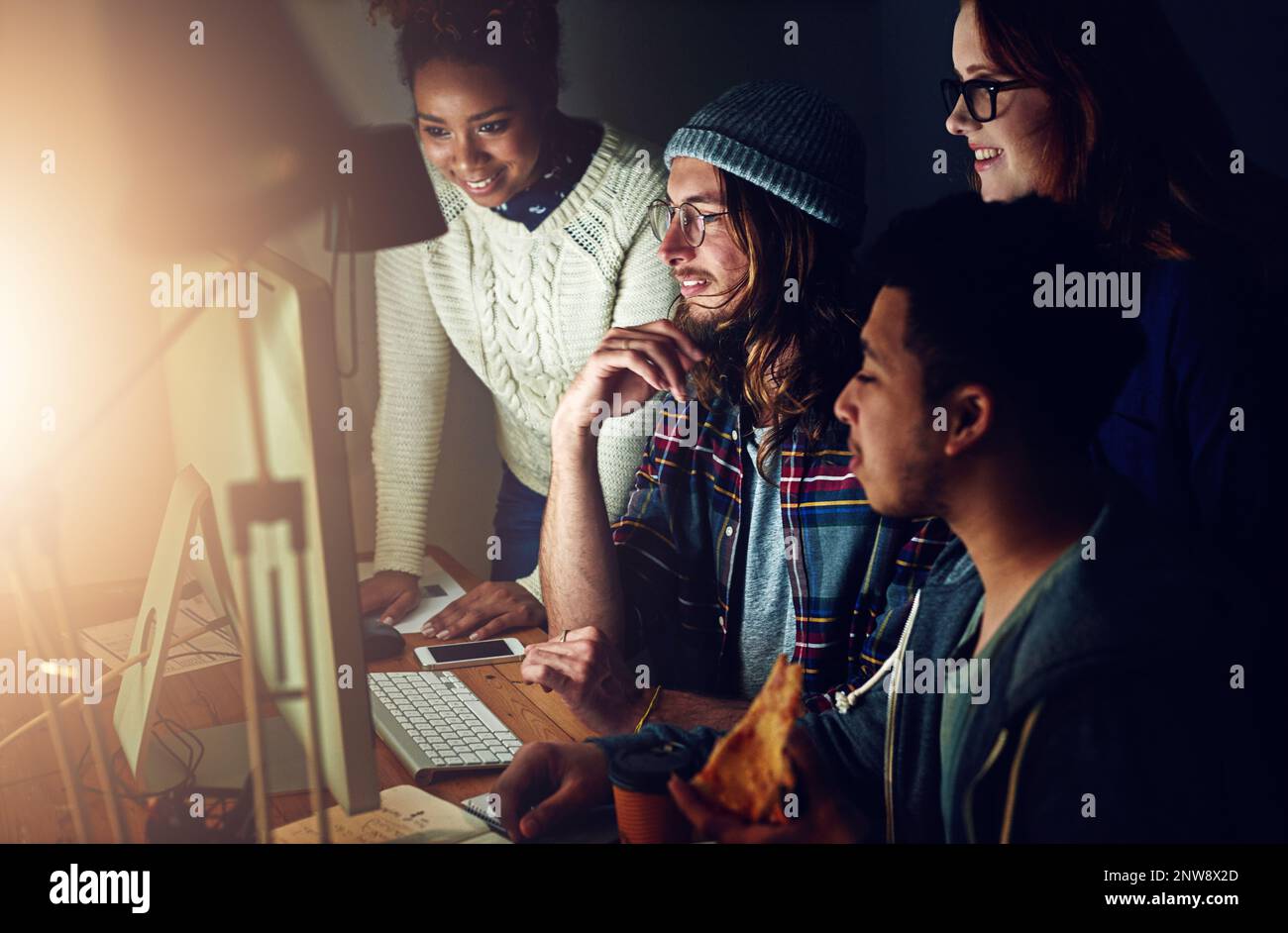 Computer, office teamwork or night team programming ERP software ...