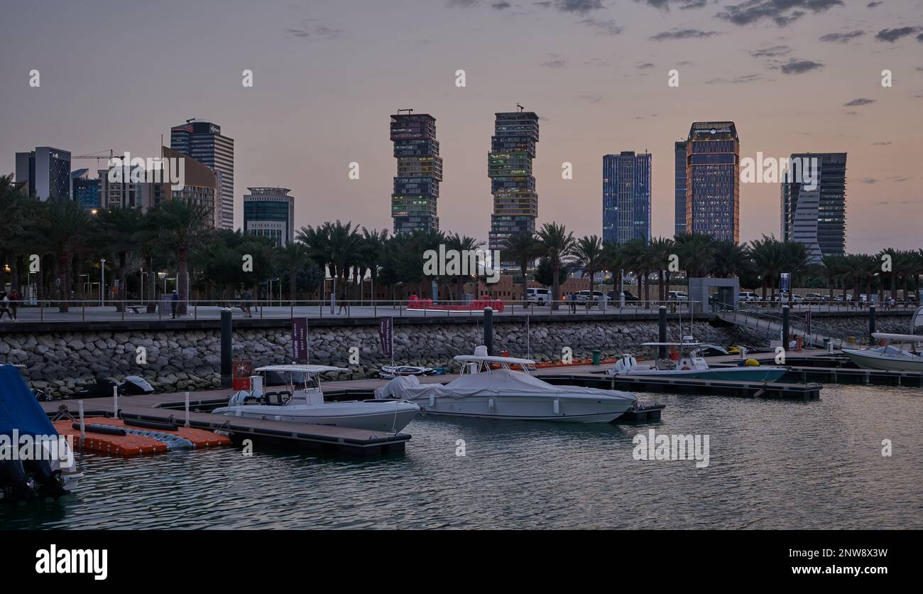 Lusail marina in Lusail city, Qatar sunset view with Yachts and boats ...