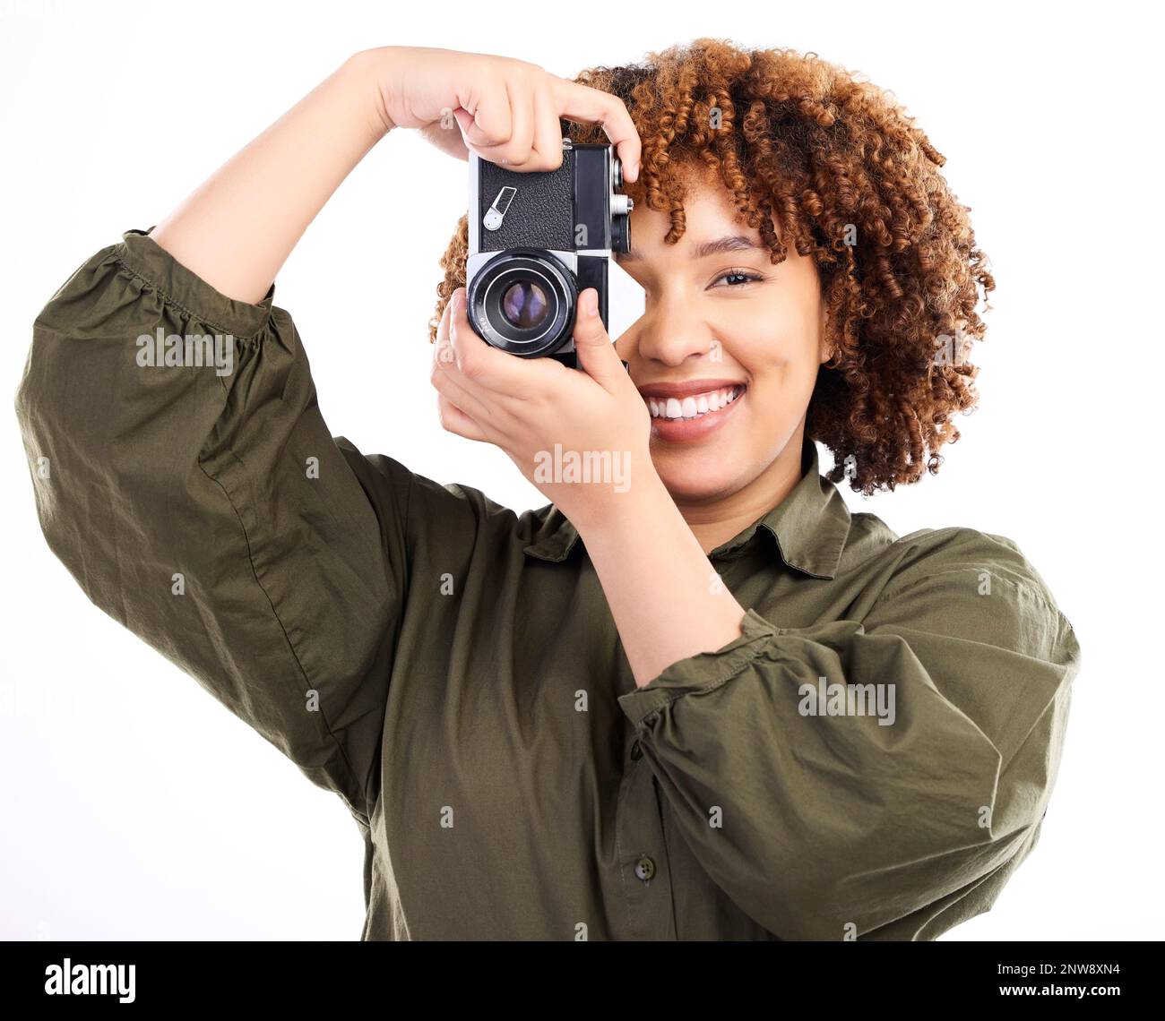 Photographer, portrait and woman using camera for a photoshoot isolated ...