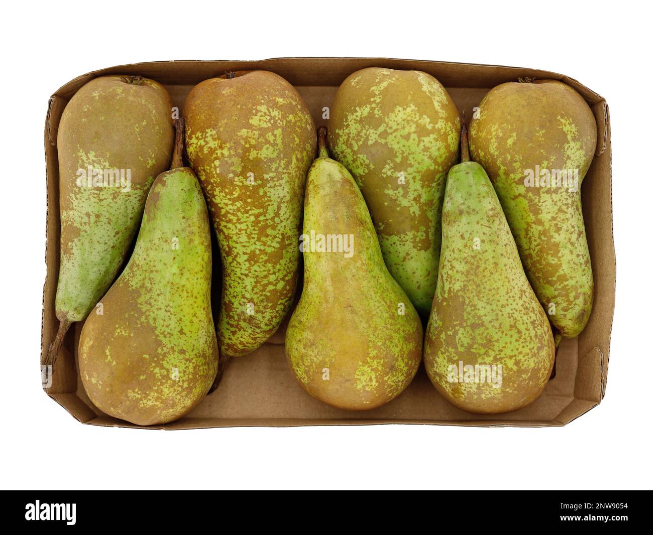 top view of conference pears arranged in cardboard tray isolated on ...