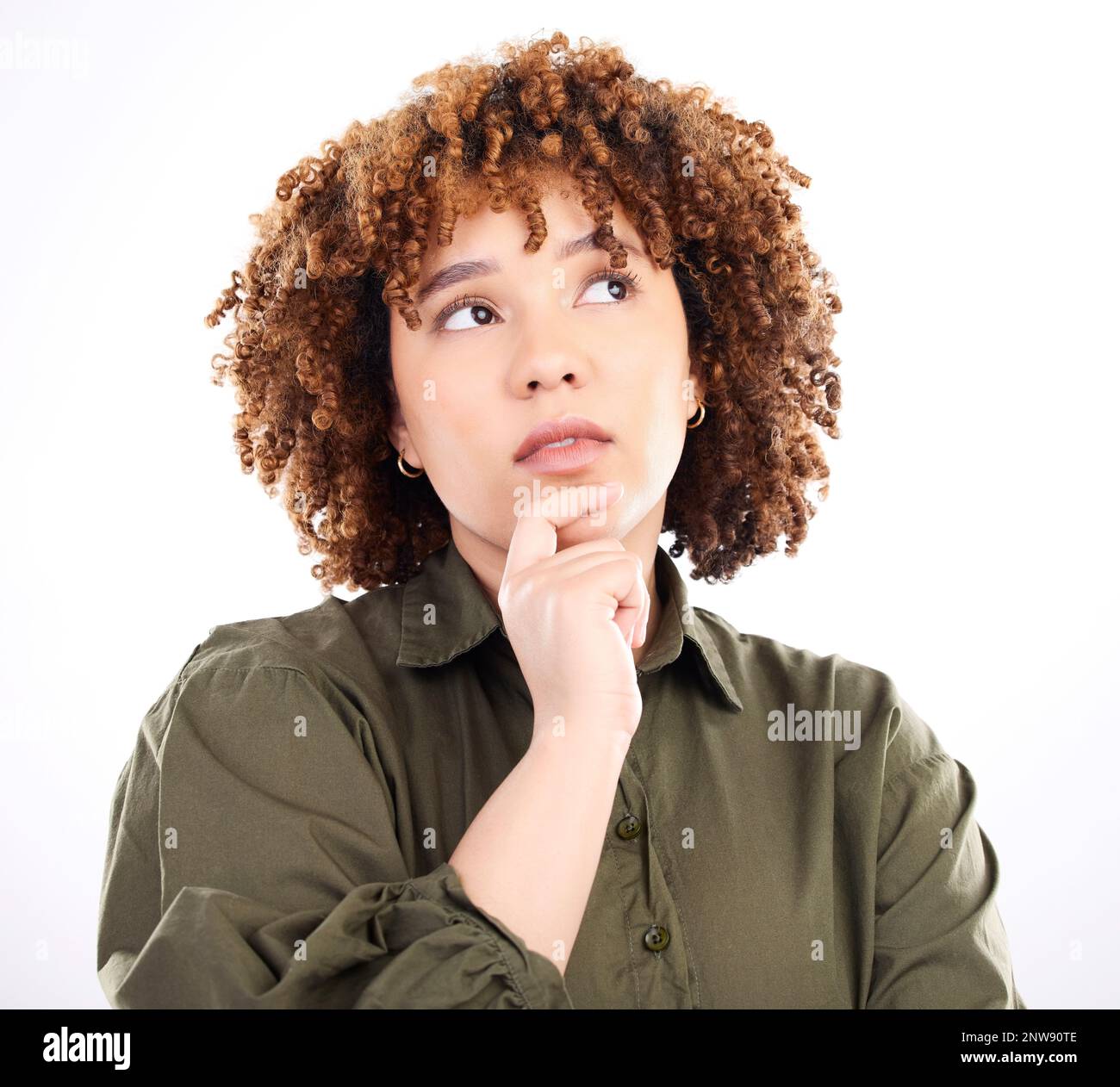 Thinking, concentrating and remember with black woman for confused ...