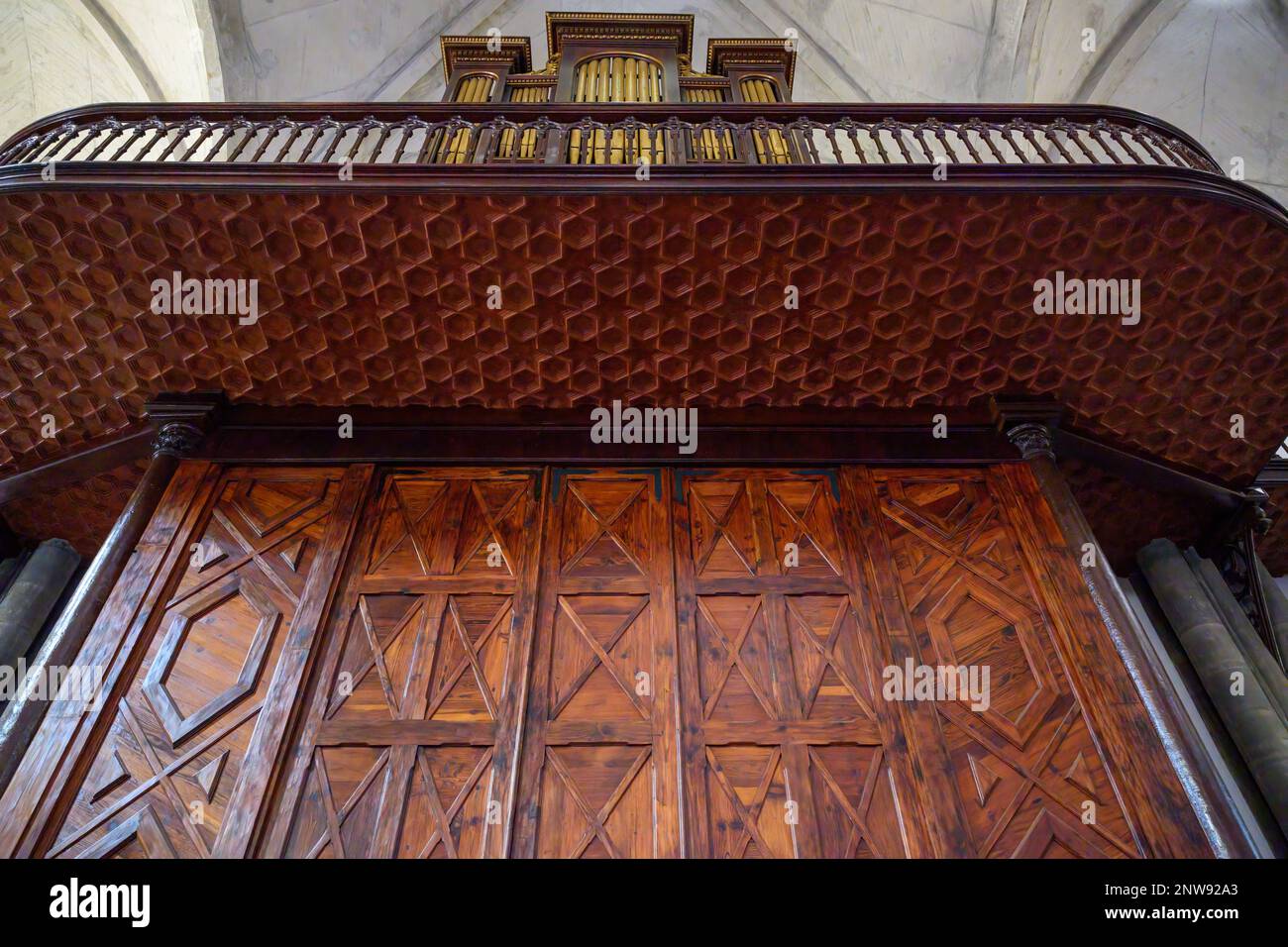 The elaborate wooden organ loft in the Cathedral of San Cristobal de La ...