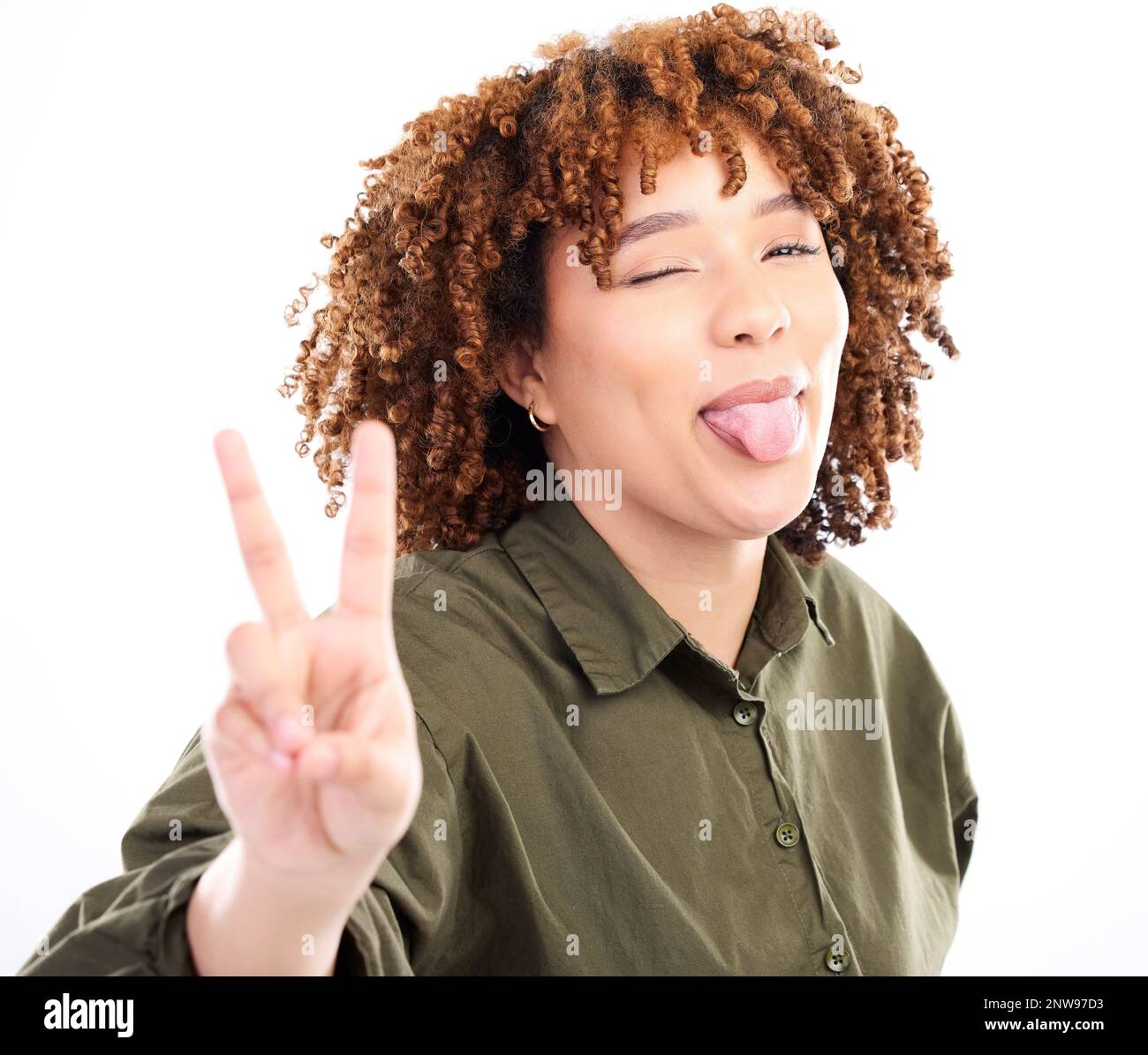 Black woman, tongue out and wink with peace hand sign and goofy ...