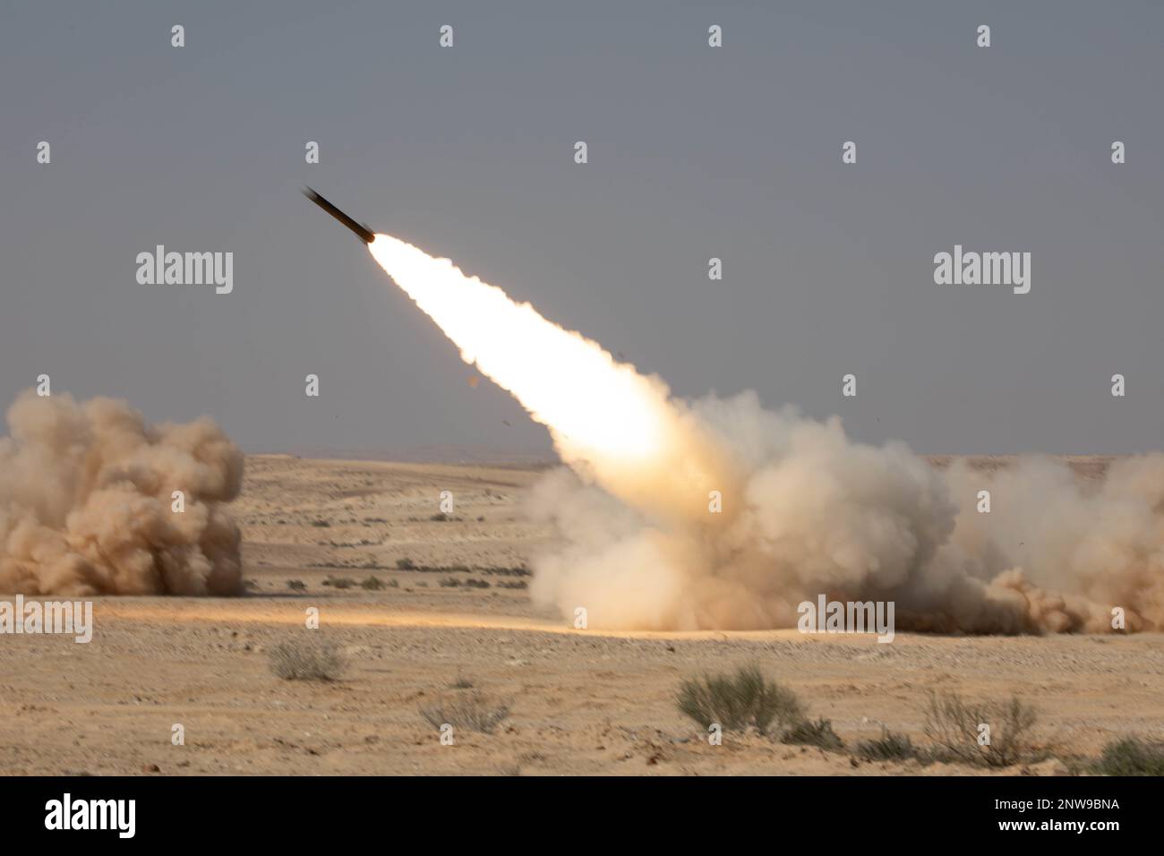 A rocket is fired from a High Mobility Rocket Artillery System of the ...
