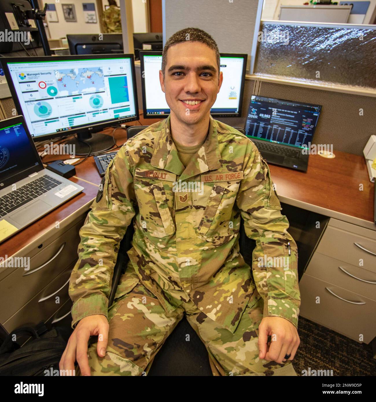 U.S. Air Force Tech Sgt. Brandon Devault, a mission defense operator assigned to the 125th ...