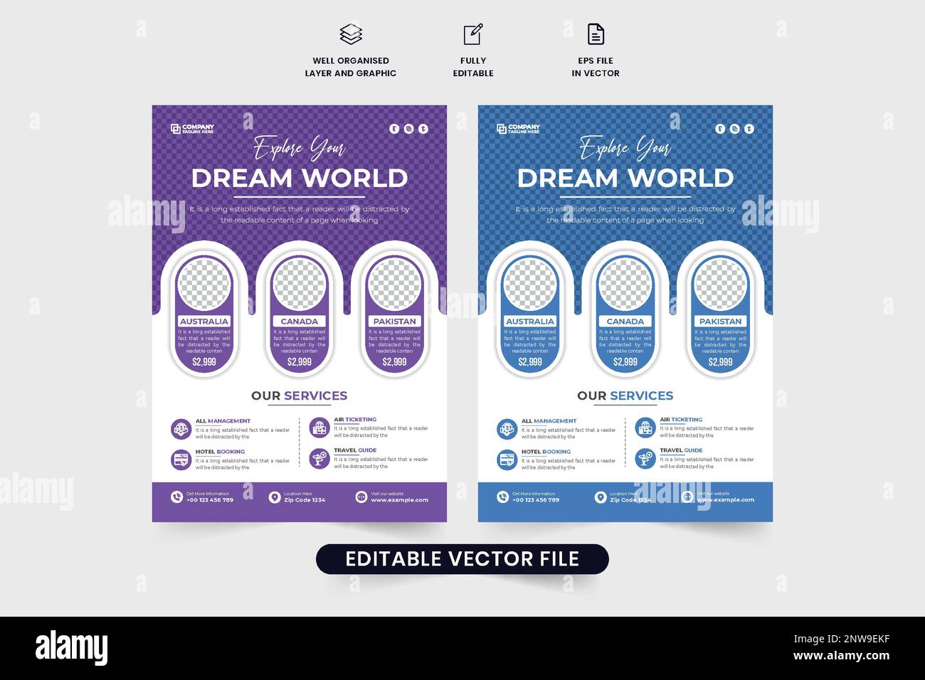 Travel agency flyer template design with purple and blue colors ...
