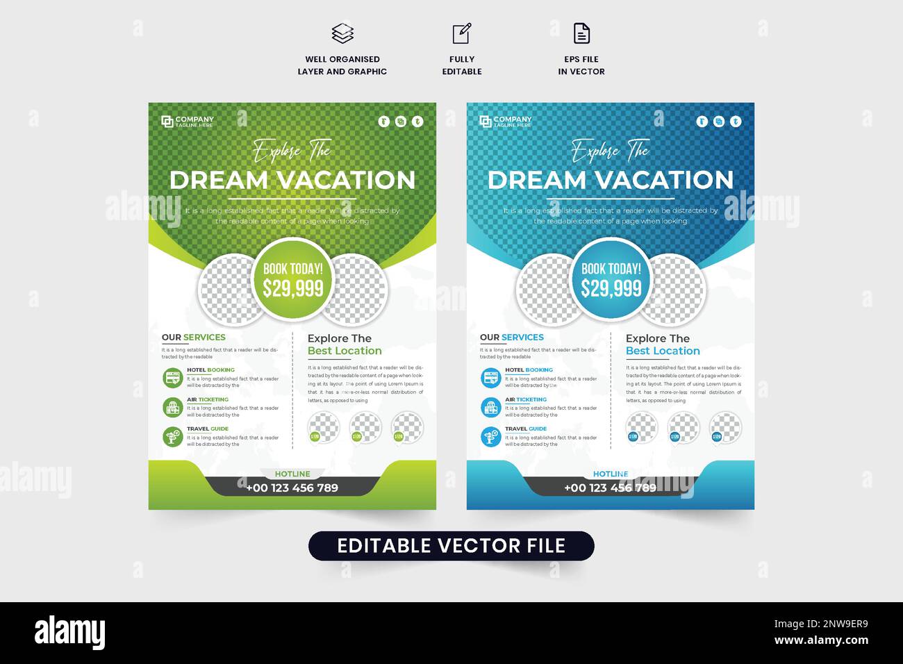 Tour group advertisement template design with green and blue colors ...