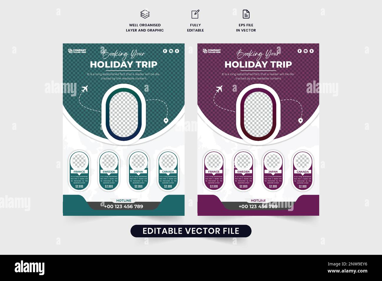 Holiday trip booking and management company flyer design with purple ...