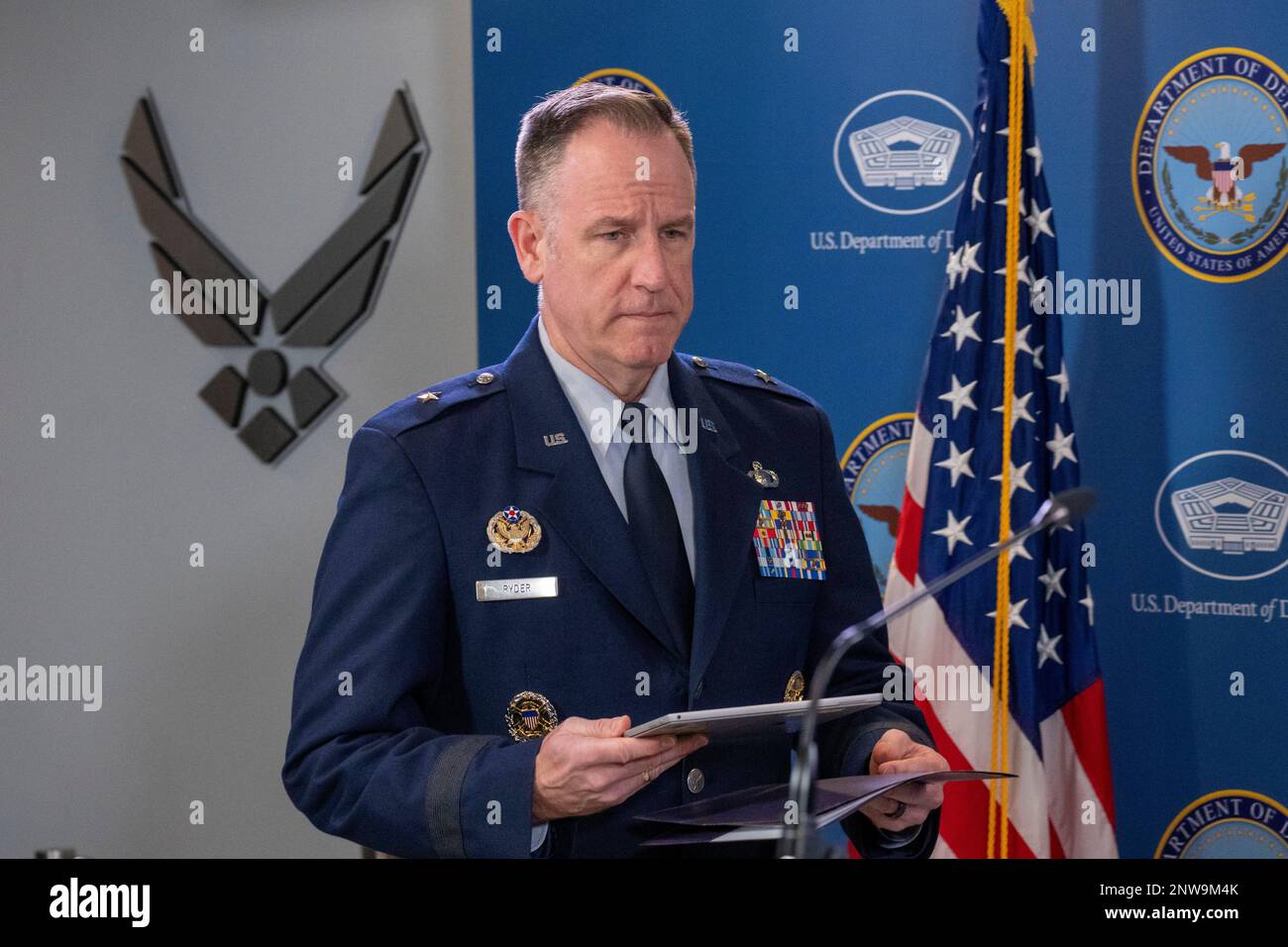 Pentagon spokesman U.S. Air Force Brig. Gen. Patrick Ryder arrives for a media briefing at the ...