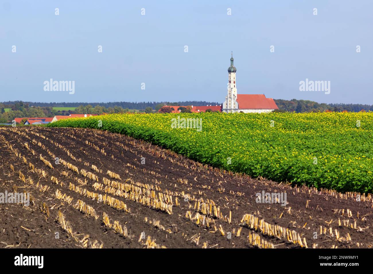 Countryside in Bavaria in Germany showing a traditional onion tower and ...