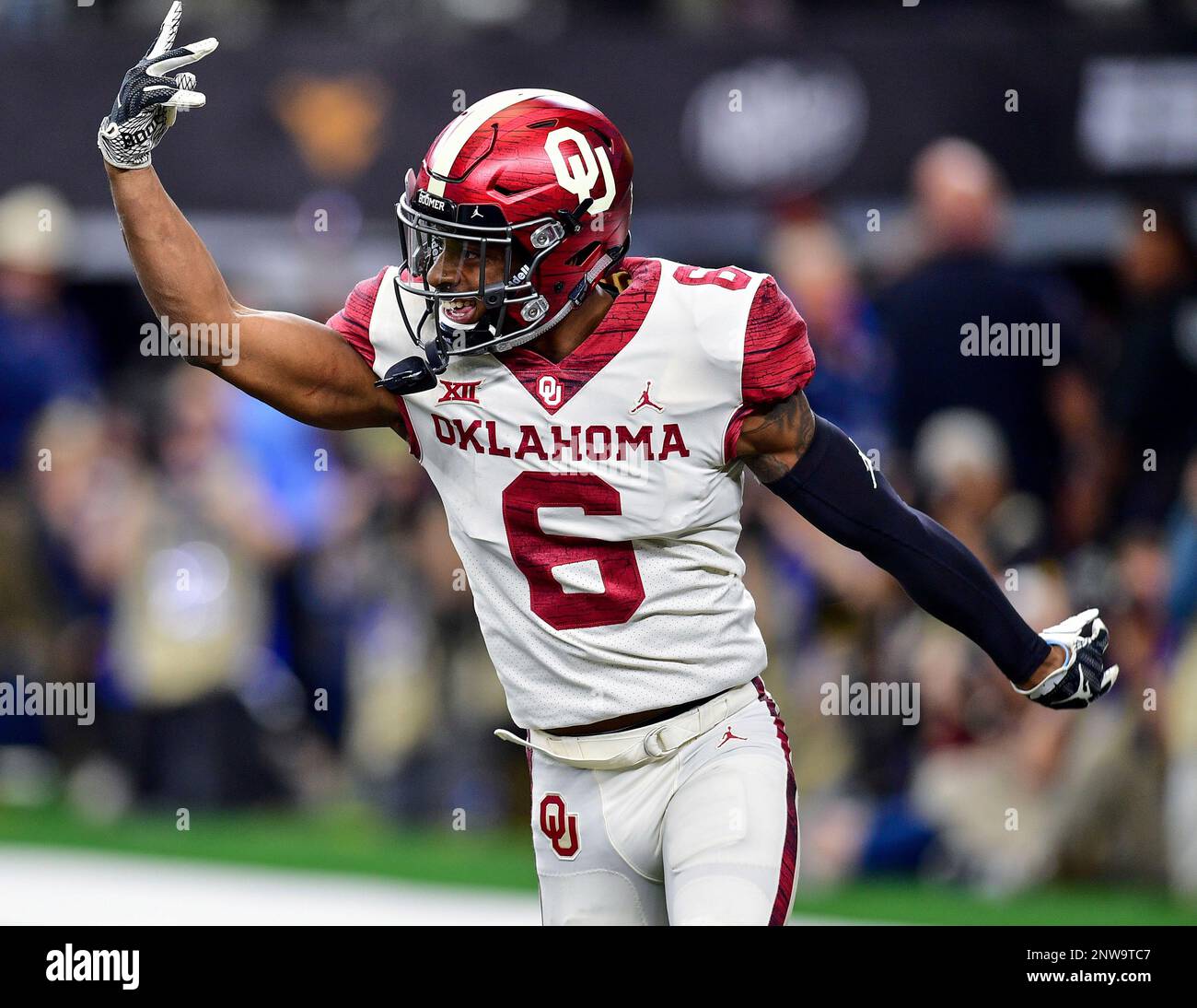 Oklahoma cornerback Tre Brown (6) celebrates after getting a safety ...