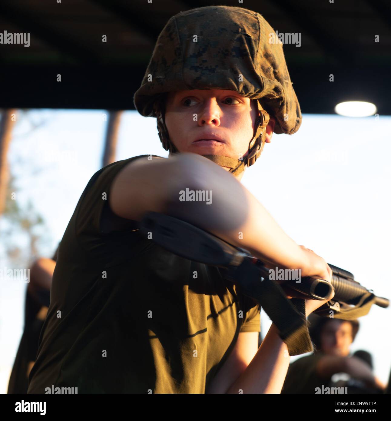 Recruits with Lima Company, 3rd Recruit Training Battalion, practice techniques from the Marine ...