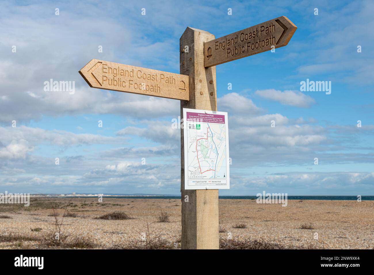 England Coast Path signpost, public footpath wooden sign on Church ...
