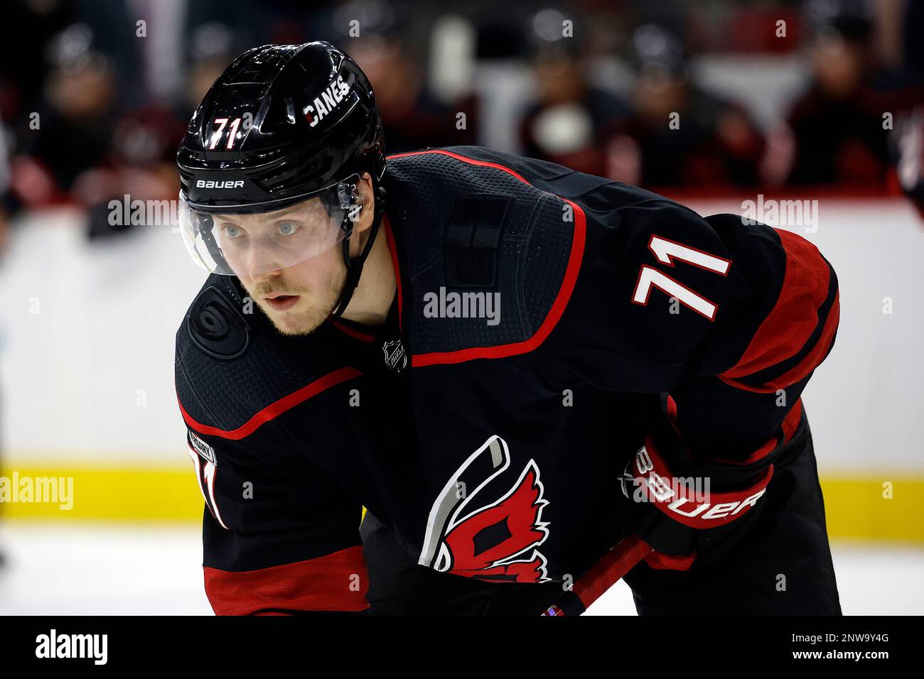 Carolina Hurricanes' Jesper Fast (71) waits for a face-off against the ...