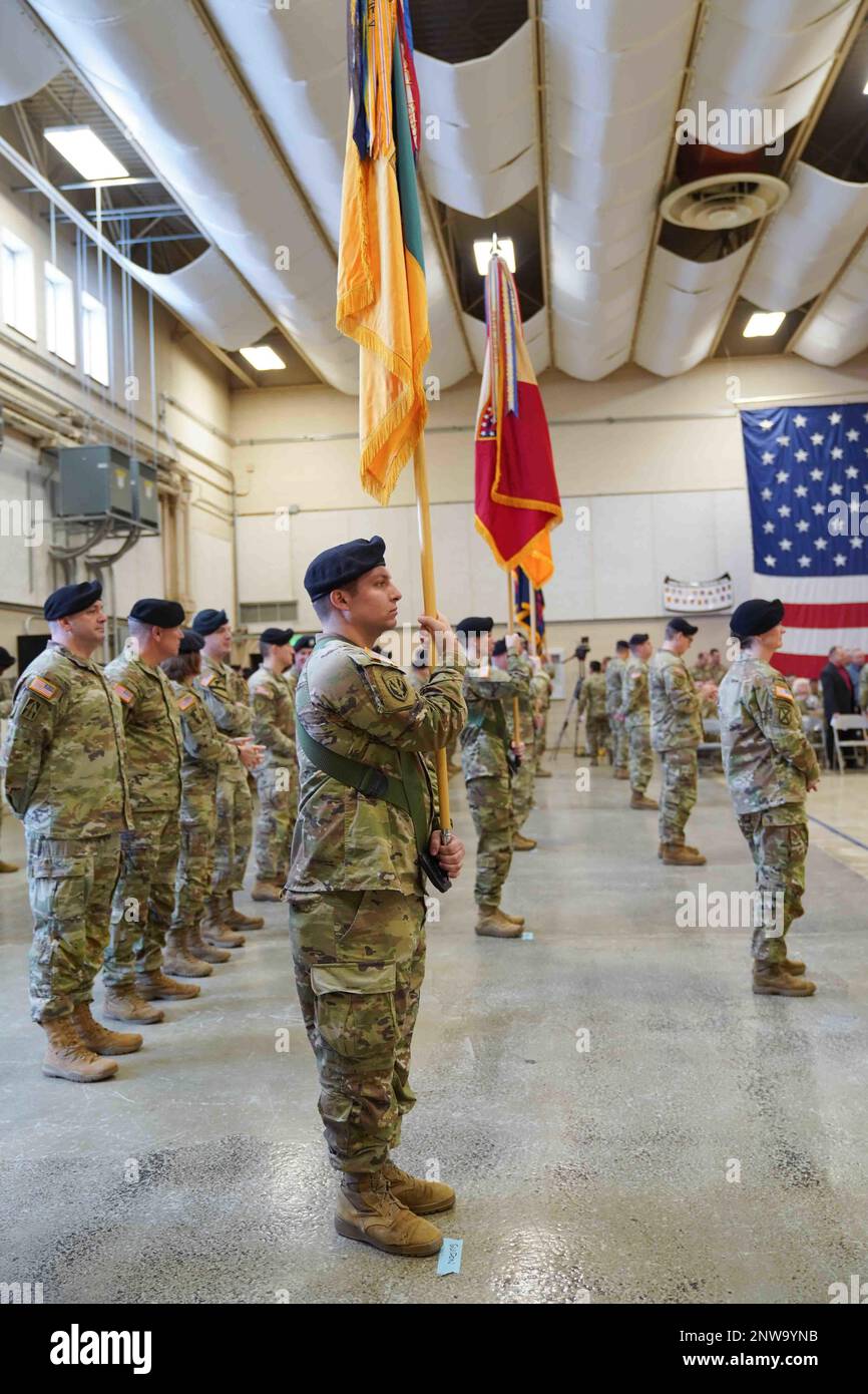 Soldiers assigned to the 38th Infantry Division stand in formation at ...