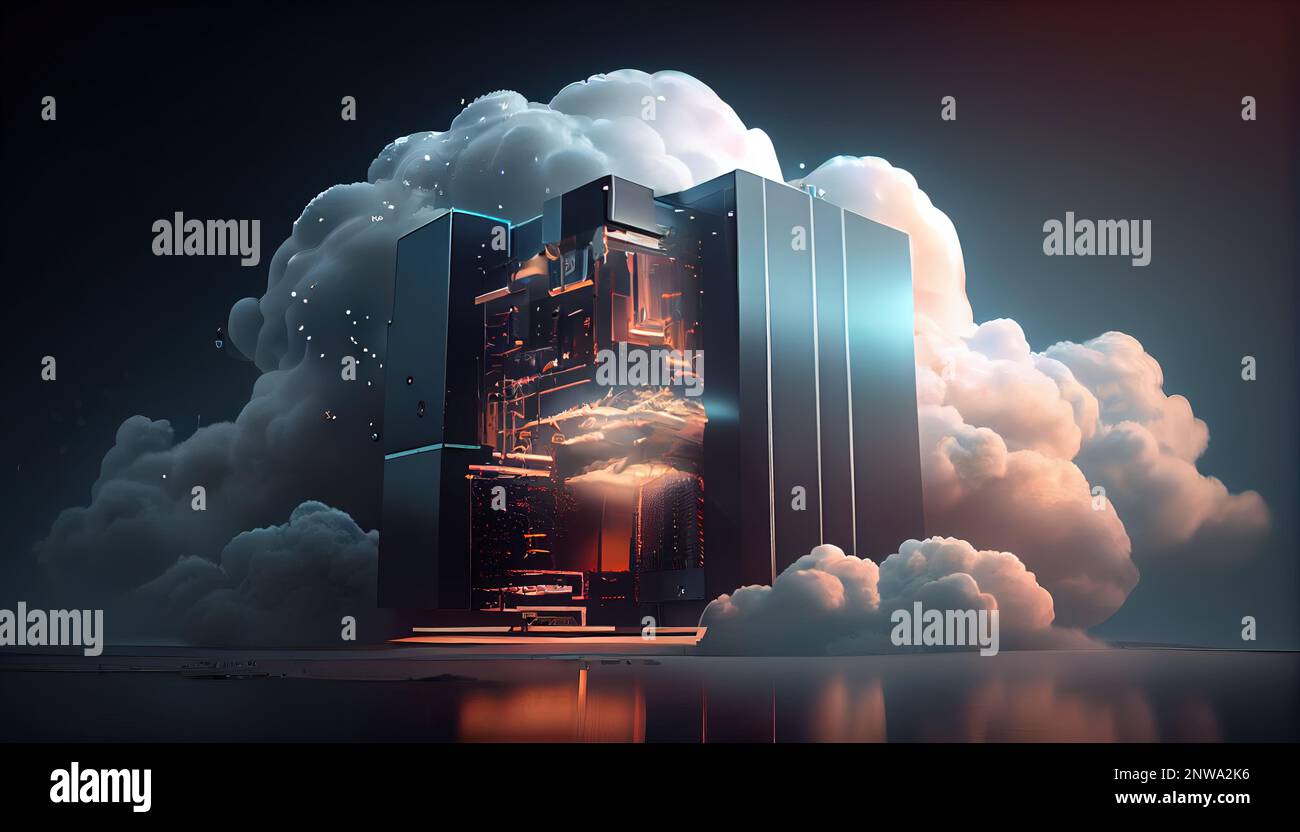 Cloud computing concept, server hardware storage with virtual connections, data flow and ...