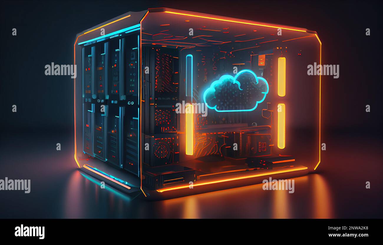 Cloud computing concept, server hardware storage with virtual connections, data flow and ...
