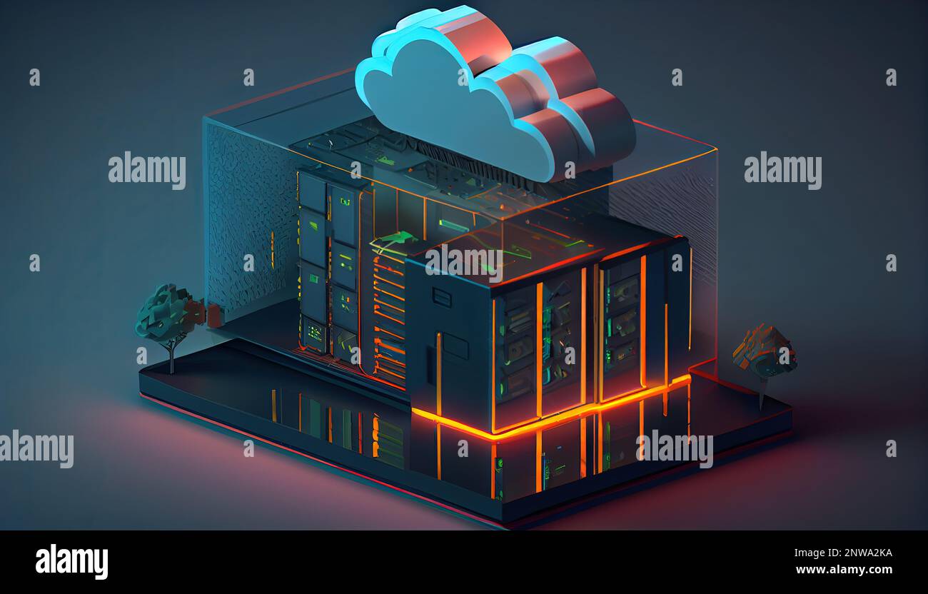 Cloud computing concept, server hardware storage with virtual connections, data flow and ...
