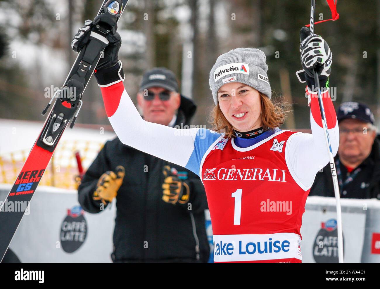 Switzerland's Michelle Gisin celebrates her second-place finish ...