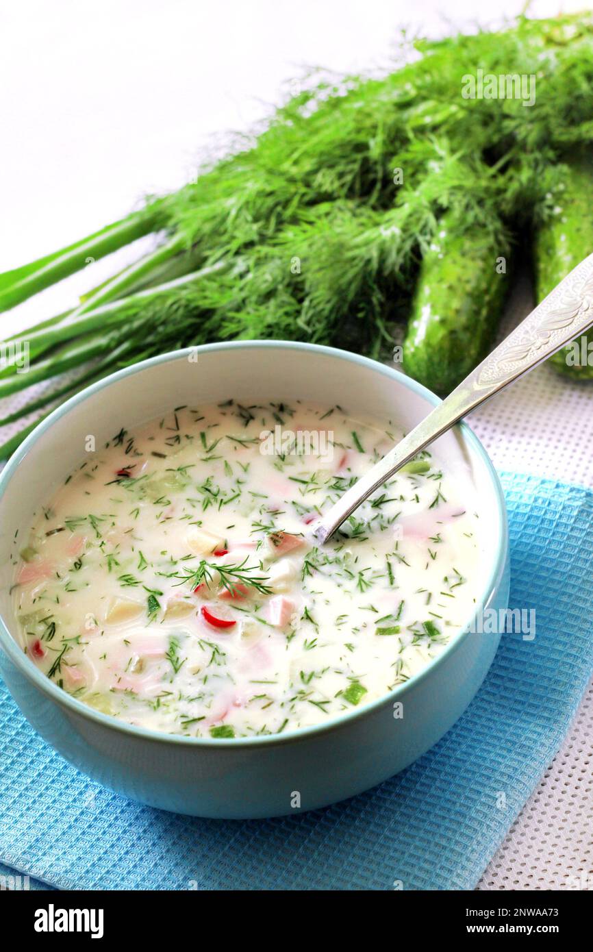 Okroshka - traditional Russian cold soup with fresh cucumber, boiled ...